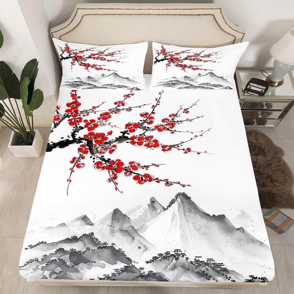 Japanese-Style Sheet Sets, Red Cherry Blossoms Printed Flat Sheet Mount ...