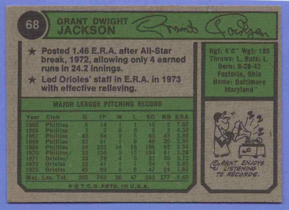1974 Topps Grant Jackson #68 Baltimore Orioles | eBay