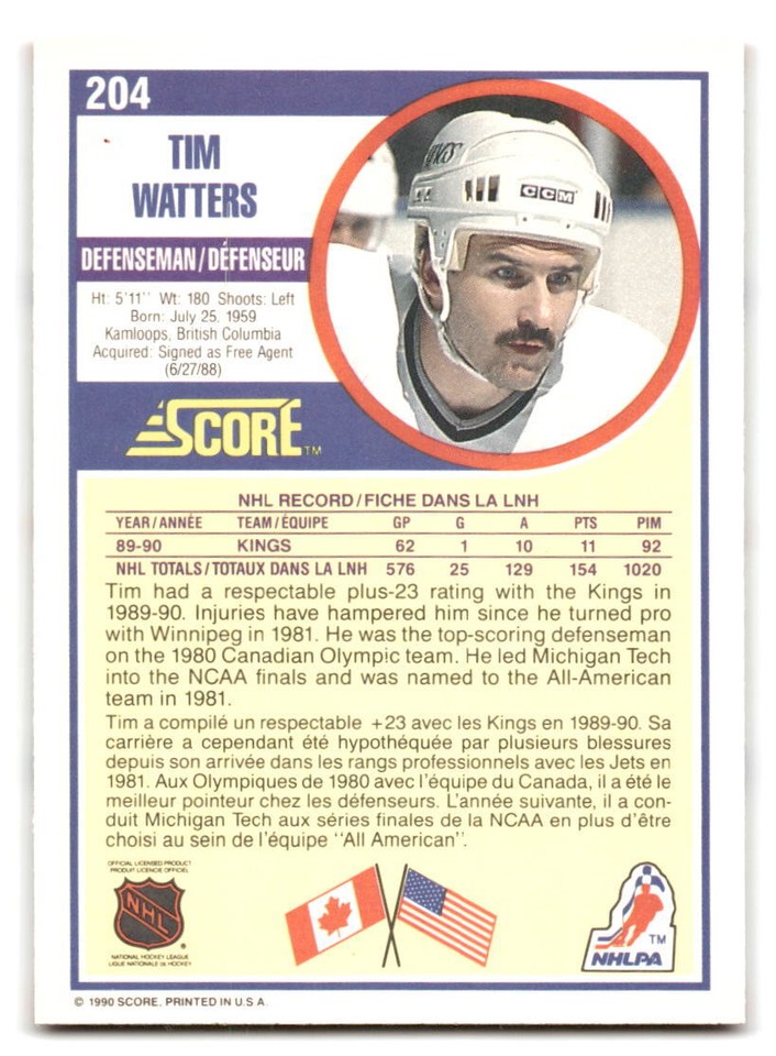 Tim Watters 1990 Score Canadian HOCKEY #204 Los Angeles Kings | eBay