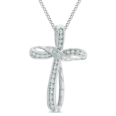 1/6ct Natural Diamond Vintage-Style Looped Cross Pendant 10K White Gold ...