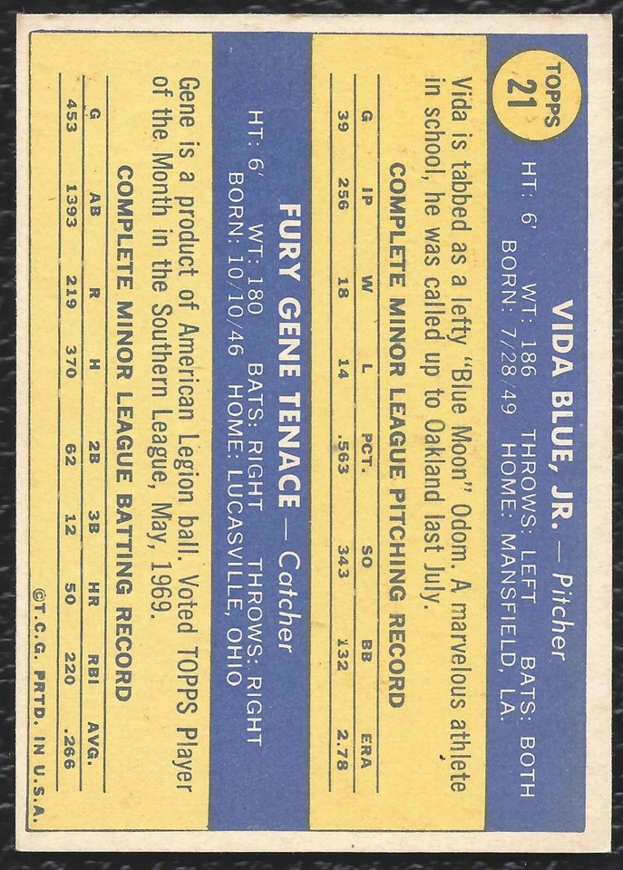 1970 Topps Vida Blue Gene Tenace Baseball Rookie Card RC #21 Oakland A ...