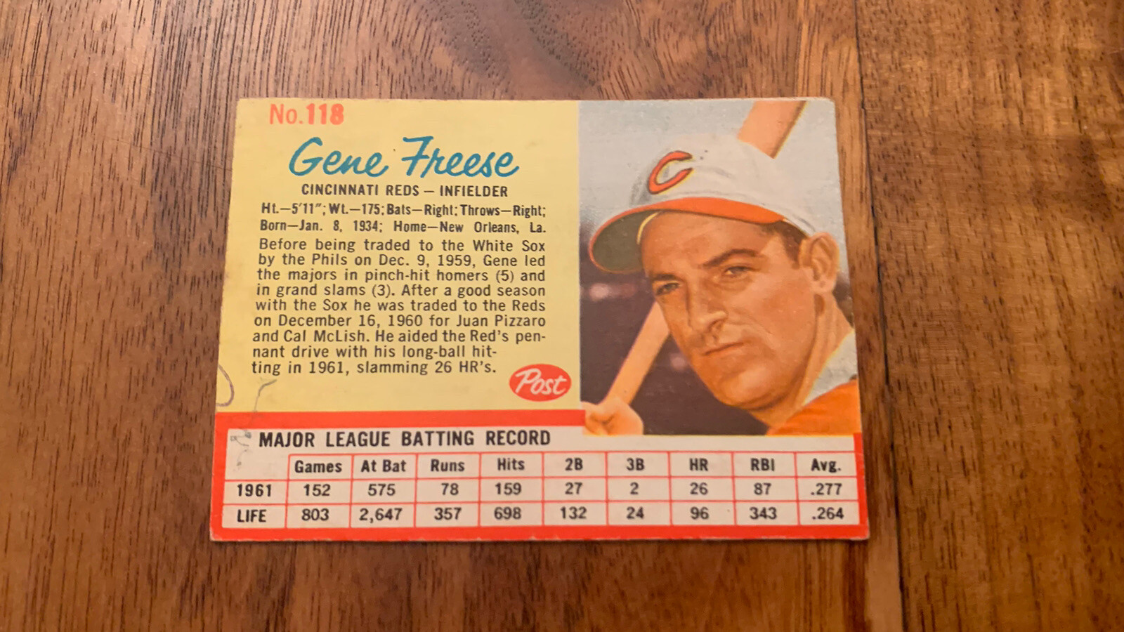 1962 Post Cereal Baseball Card #118 Gene Freeze Cincinnati Reds Hand ...