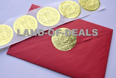 50 Round gold foil stickers Large envelope seals embossed metallic ...