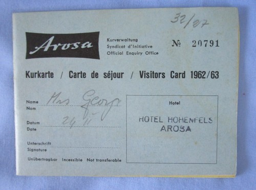 Vintage Hotel Hohenfels Arosa Switzerland Visitors Card 1962/63 | eBay