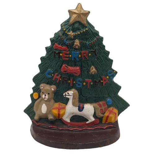 Vintage Cast Iron Merry Christmas Tree Door Stop Painted | eBay