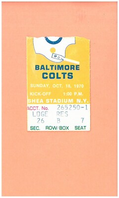 Baltimore Colts at New York Jets 10-18-1970 ticket stub Topps Joe ...