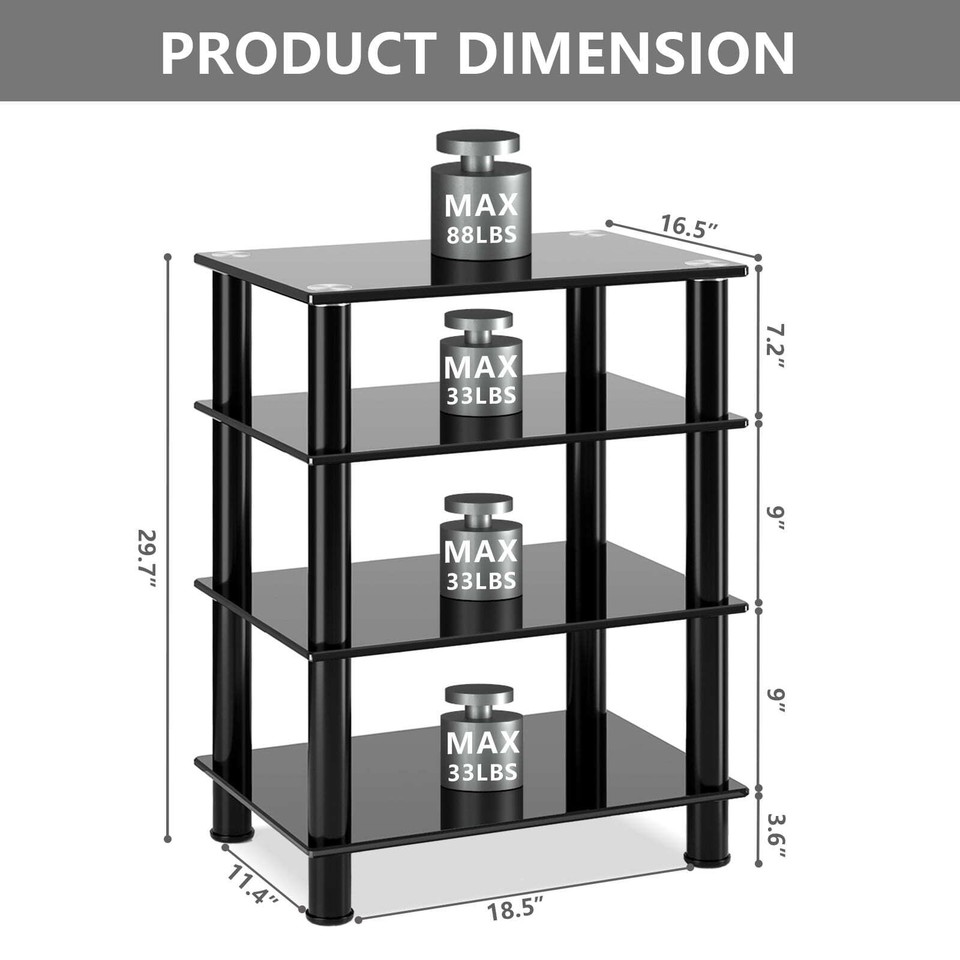 4-Tier Tempered Glass Media Stand Audio Video Tower for TV/Xbox/Gaming ...