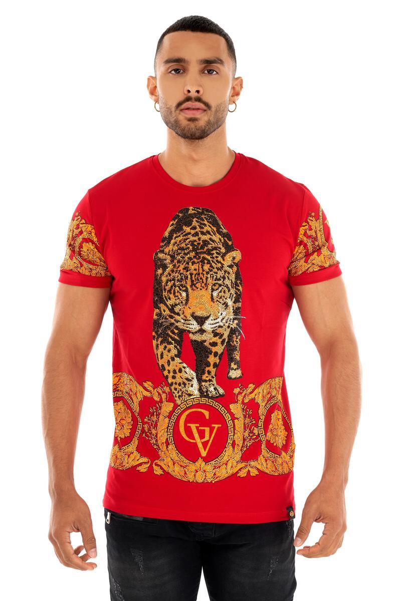 Avenue George V Paris Men's Red Short Sleeve T-shirt Golden Panther ...