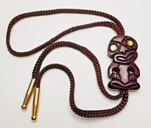 VINTAGE ROTORUA NEW ZEALAND MAORI TIKI WOOD CARVING SOUVENIR BOLO SHELL ...