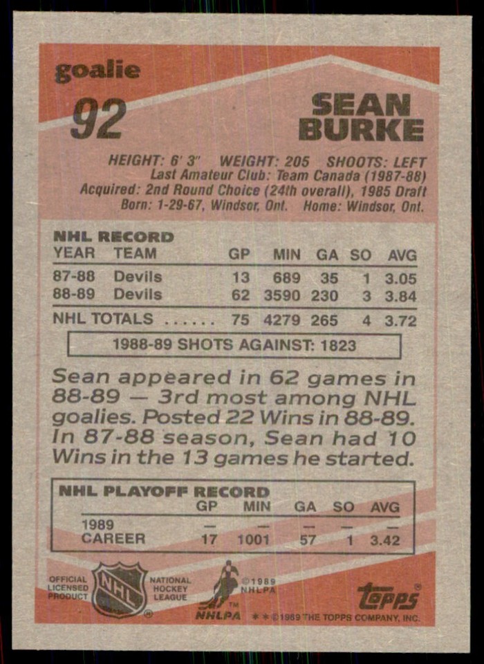 1989-90 TOPPS SEAN BURKE NEW JERSEY DEVILS #92 | eBay