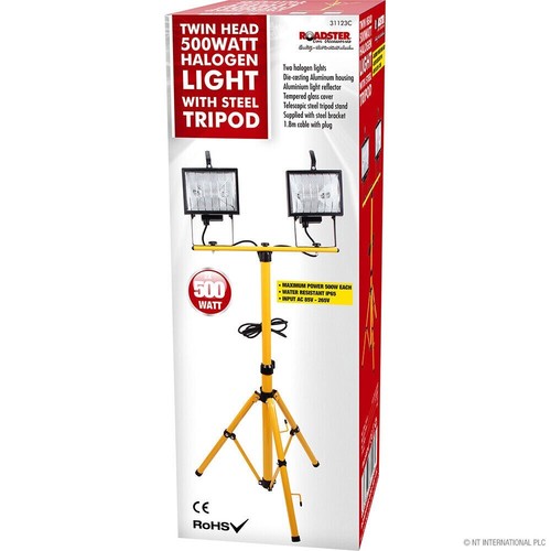 500W TWIN HEAD TELESCOPIC HALOGEN FLOODLIGHT WORK SITE FLOOD LIGHT ...