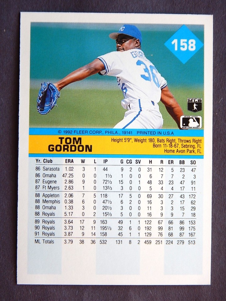 Tom Gordon #158 Fleer 1992 Baseball Card (Kansas City Royals) LN | eBay