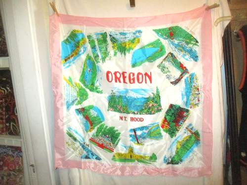 Vintage 60s Oregon State Souvenir Tourist Rayon Scarf Square Large Mt ...