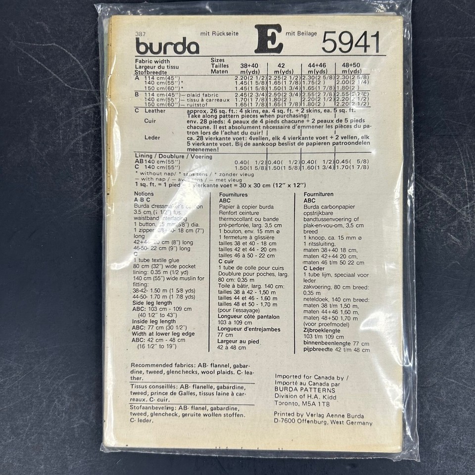 Burda 5941 Misses Pants with Zip and Darts Size 12- 24 Uncut 1980's | eBay