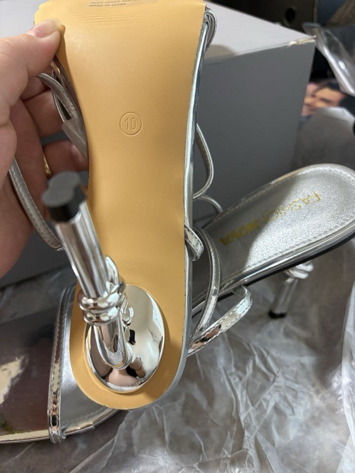 Fashion Nova Silver Strappy Square Toe Spool Heel Sandals Size 10 | eBay