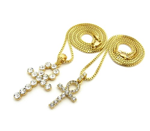 HIP HOP GOLD PLATED DOUBLE ANKH CROSS EGYPTIAN PENDANT W/ BOX CHAIN ...