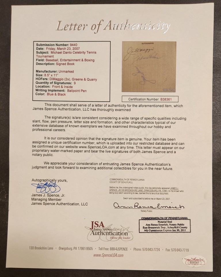 JOE DIMAGGIO & JERRY QUARRY Autograph Signed 1975 Celebrity Page ...