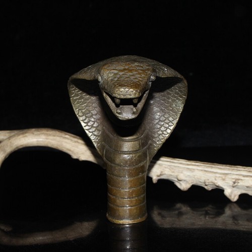 Exquisite Old Chinese brass copper handmade snake head crutch head ...