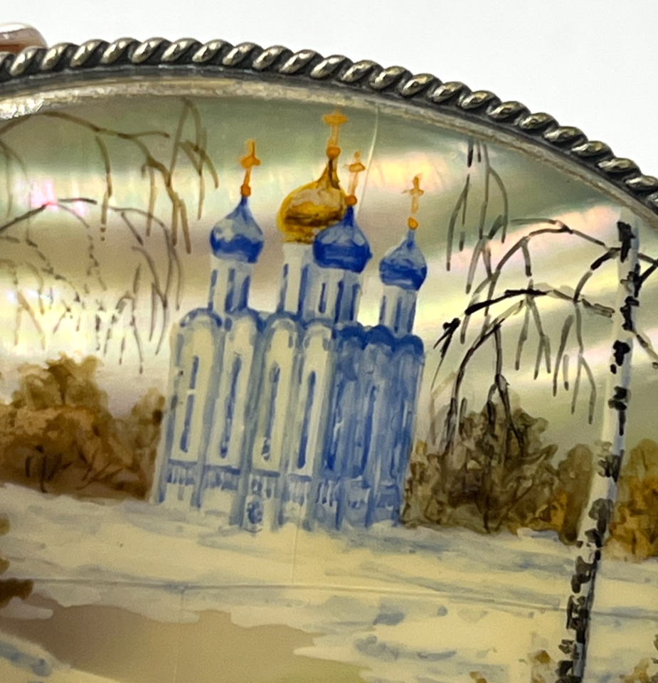 Vintage Hand Painted Russian Winter Scene Mother of Pearl Brooch ...