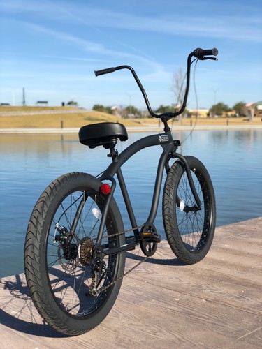 MENS SIKK WIDE RIDE 3.0" 7 SPEED BLACK FRAME BLACK WHEELS BEACH CRUISER ...