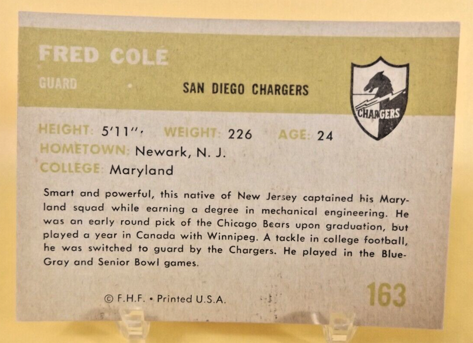 1961 Fleer #163 - Fred Cole - San Diego Chargers - Near Mint | eBay