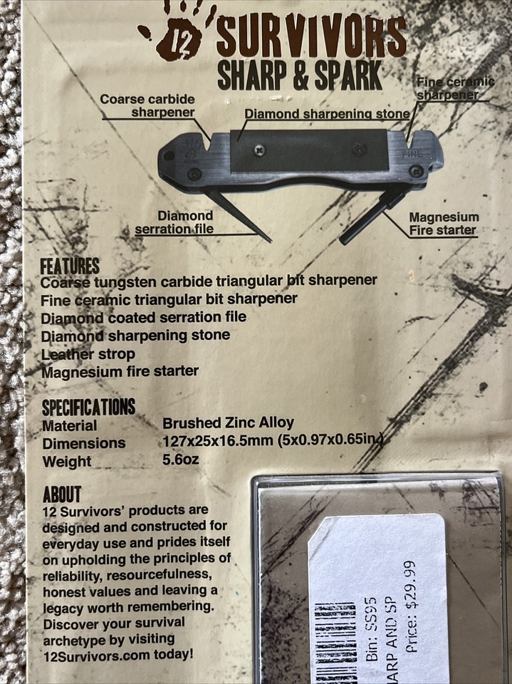 NEW 12 Survivors Sharp & Spark 6-In-1 Knife Sharpener & Fire Starter ...