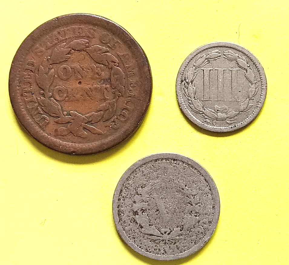 Three [3] diff better US type coin 1850–1894 Large cent; 3 cent piece ...