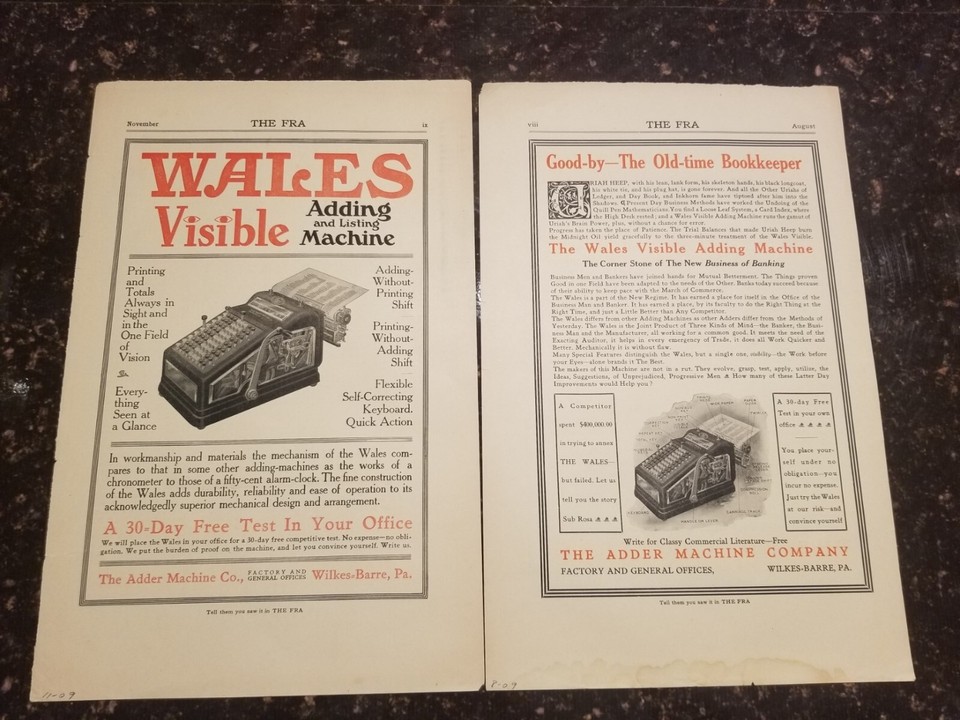 Wales Visible Adding Machine 2 print ads The Fra 1909 | eBay