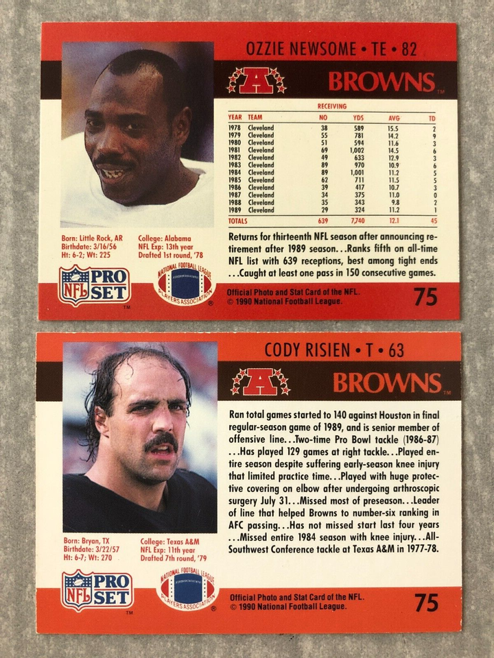 Lot of (2) 1990 Pro Set CODY RISIEN Browns "Short Print" NFL Football ...
