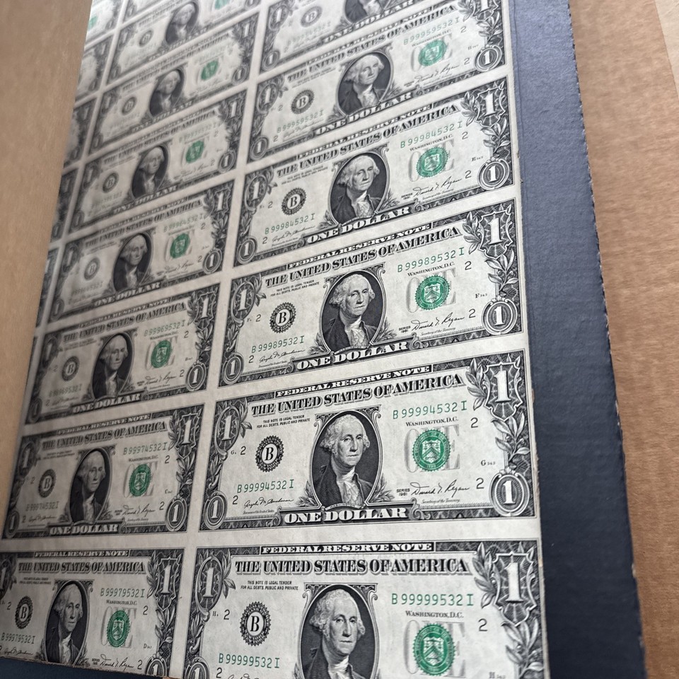 1981 UNCUT CURRENCY SHEET OF 32 ONE DOLLAR NOTES ~ $1 BILLS ~B ...