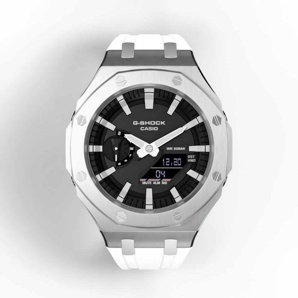 Casioak Mod Watch GA-2100 Silver Metal Case White Strap Modded GA2100 ...