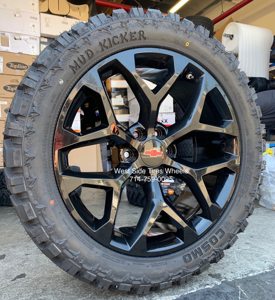 22” DODGE RAM 6lug 6X139.7 SNOWFLAKE BLACK WHEELS 33” Mud MT Tire ...