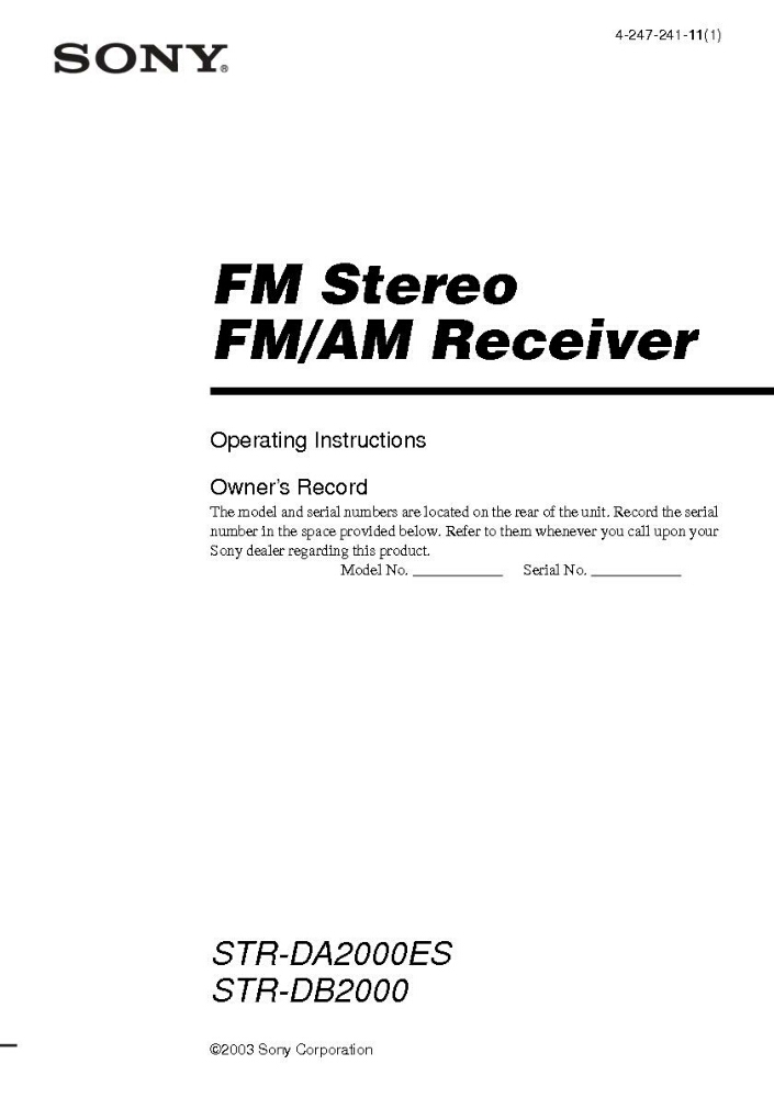 Sony STR-DA2000ES STR-DB2000 AV Receiver Owners Manual | eBay