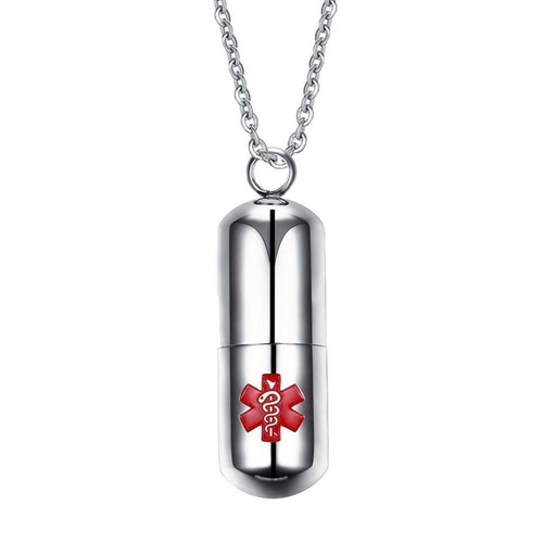 Alert MEDIC ID Tag Pendant Chain Necklace Container Vial Gift Unisex ...