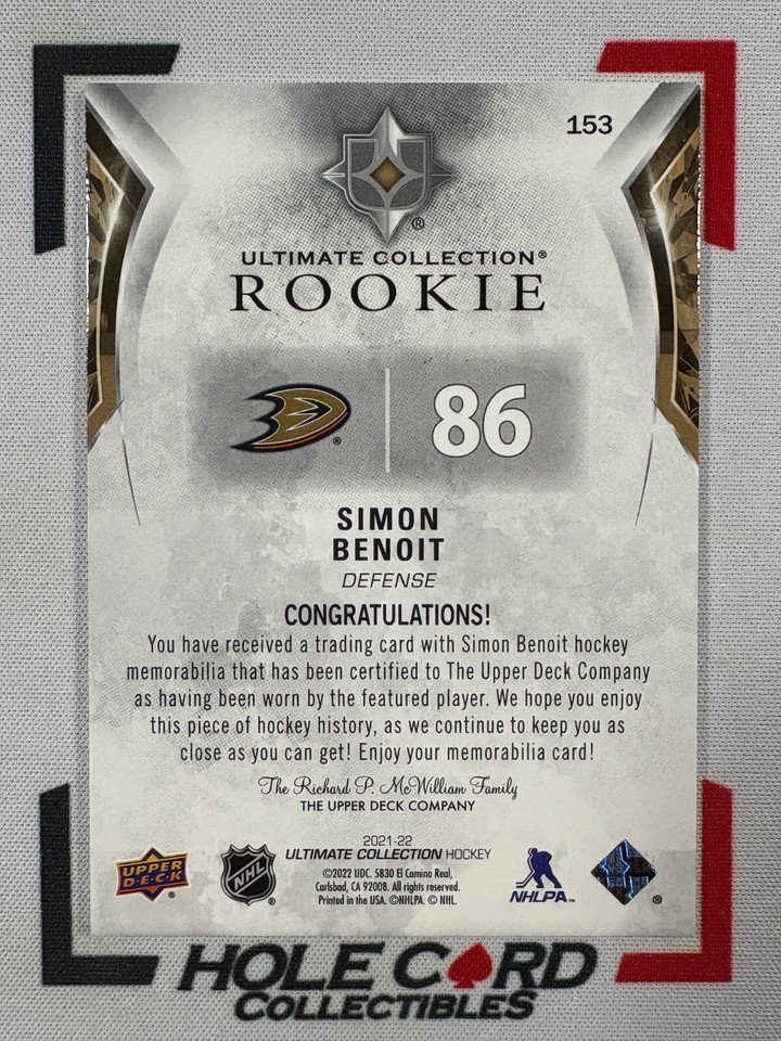 SIMON BENOIT 2021-22 UD Ultimate Collection Rookie NHL #153 Jersey 367/ ...