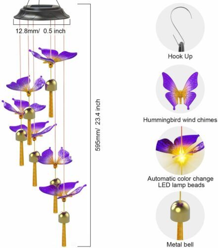 Solar Wind Chimes Crystal Butterfly with 6 Sustenance Wishes Bells | eBay