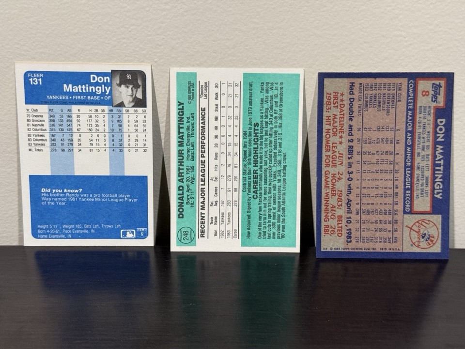 1984 Don Mattingly Rookies Donruss #248, Fleer #131, Topps #8 Near Mint ...
