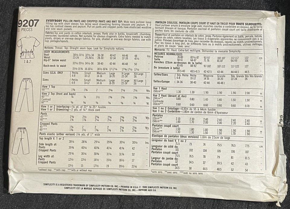 1989 SIMPLICITY 9207 Serger PULL ON Cropped Pants KNI TOP MD-XXL Uncut ...