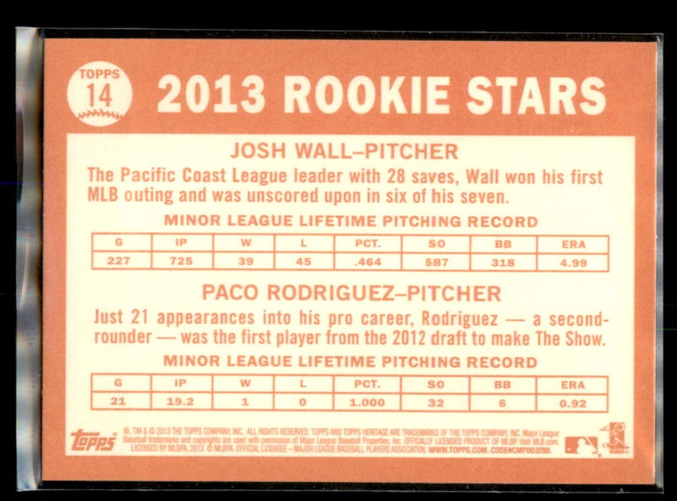 2013 Topps Heritage Josh Wall / Paco Rodriguez RC #14 Los Angeles ...