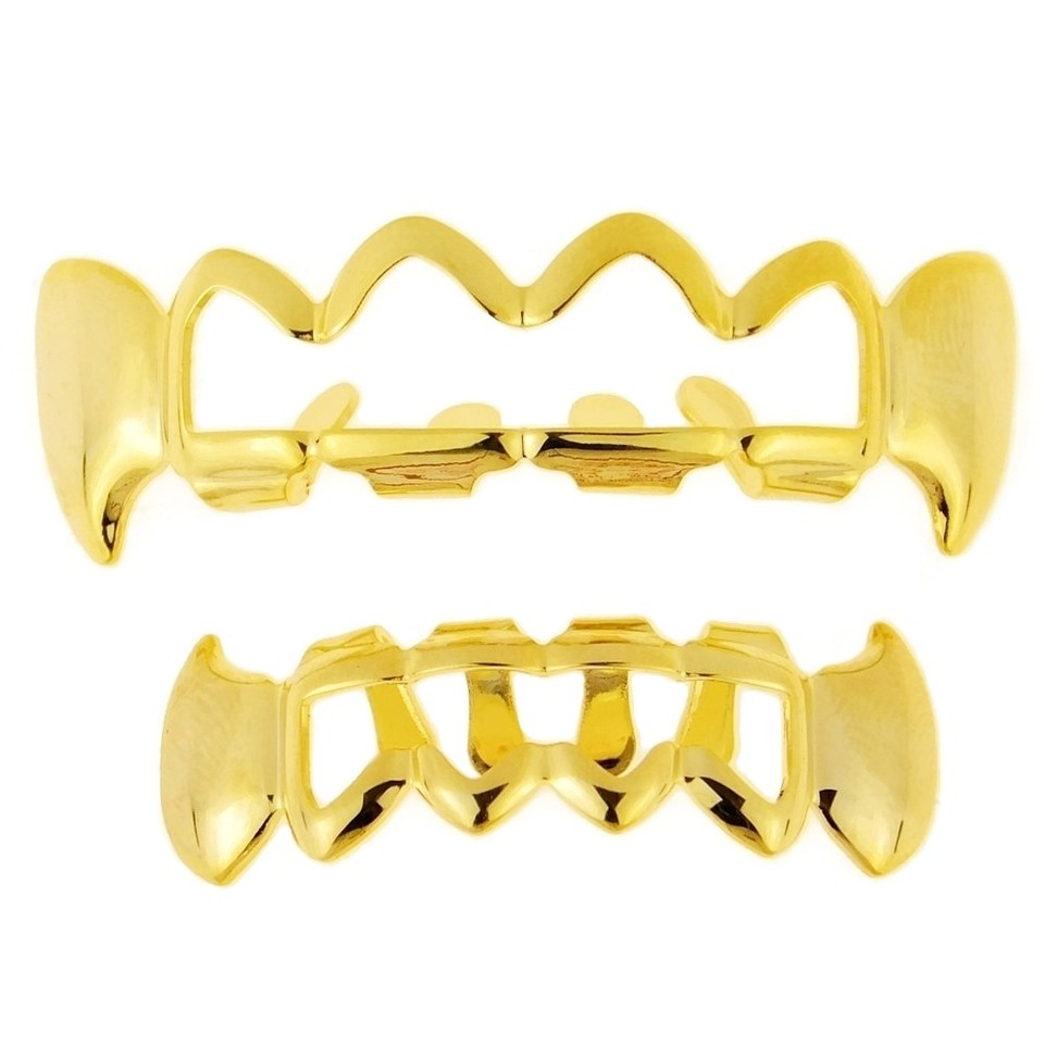 14k Gold Plated Fang Grillz Set 4 Full Open Teeth Vampire Grill Pre ...