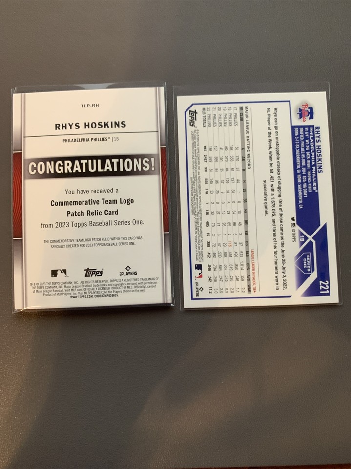 2023 Topps Series 1 Rhys Hoskins Commemorative Team Logo Patch Relic ...