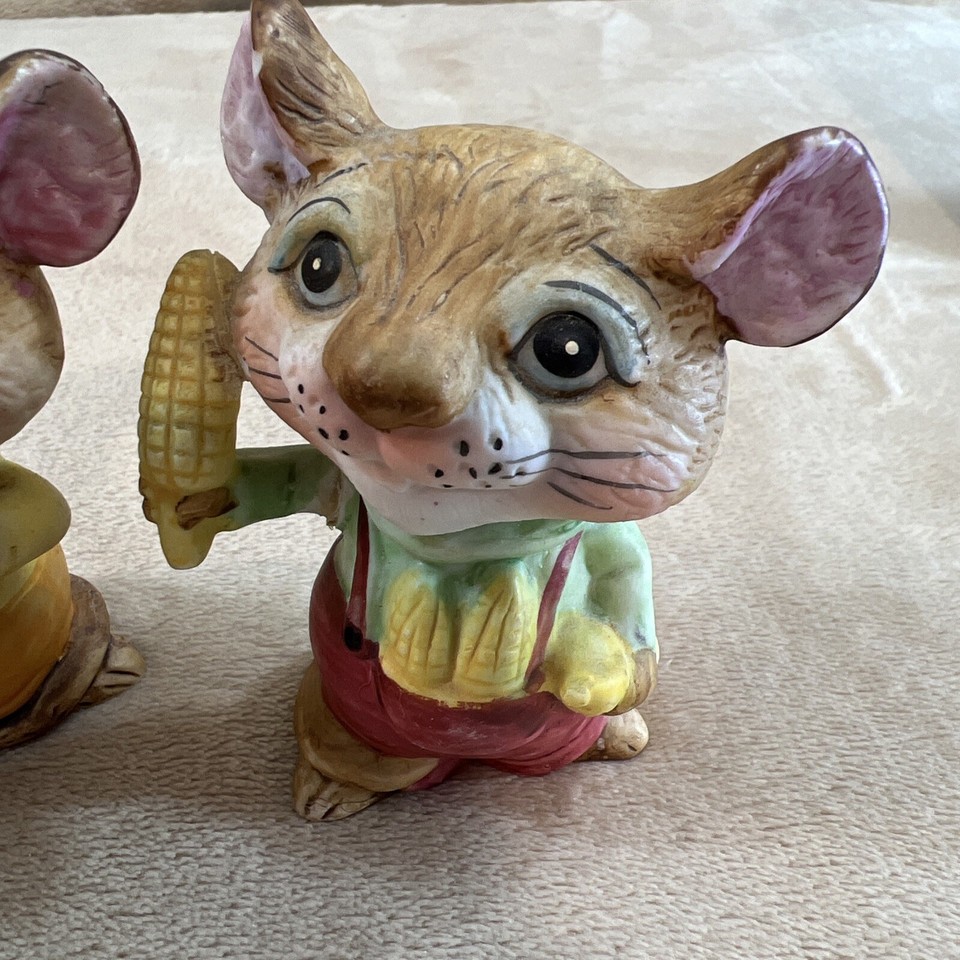 Homco 3 Ceramic Mice Overalls, Carrot, Corn, Cheese. 4" Chip Blue Mouse ...