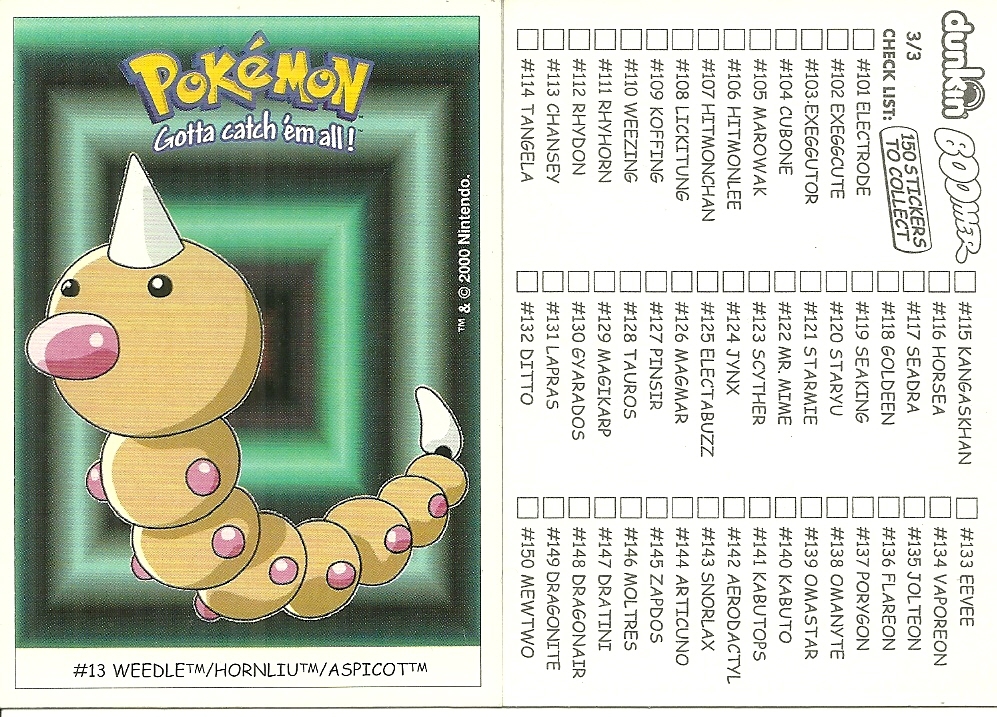 CARTE POKEMON - WEEDLE : HORNLIU : ASPICOT / CARD STICKERS TO COLLECT ...