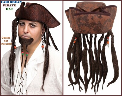 Tricorn PIRATE HAT with Dreadlock BRAIDS Jack Sparrow Caribbean Costume ...