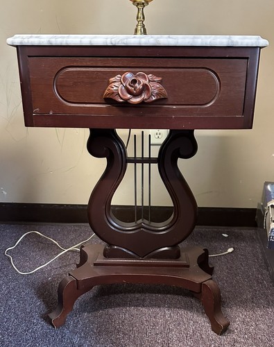 ANTIQUE HARP SIDE TABLE WITH SINGLE DRAWER & MARBLE TOP. 28"T X 18"W X ...