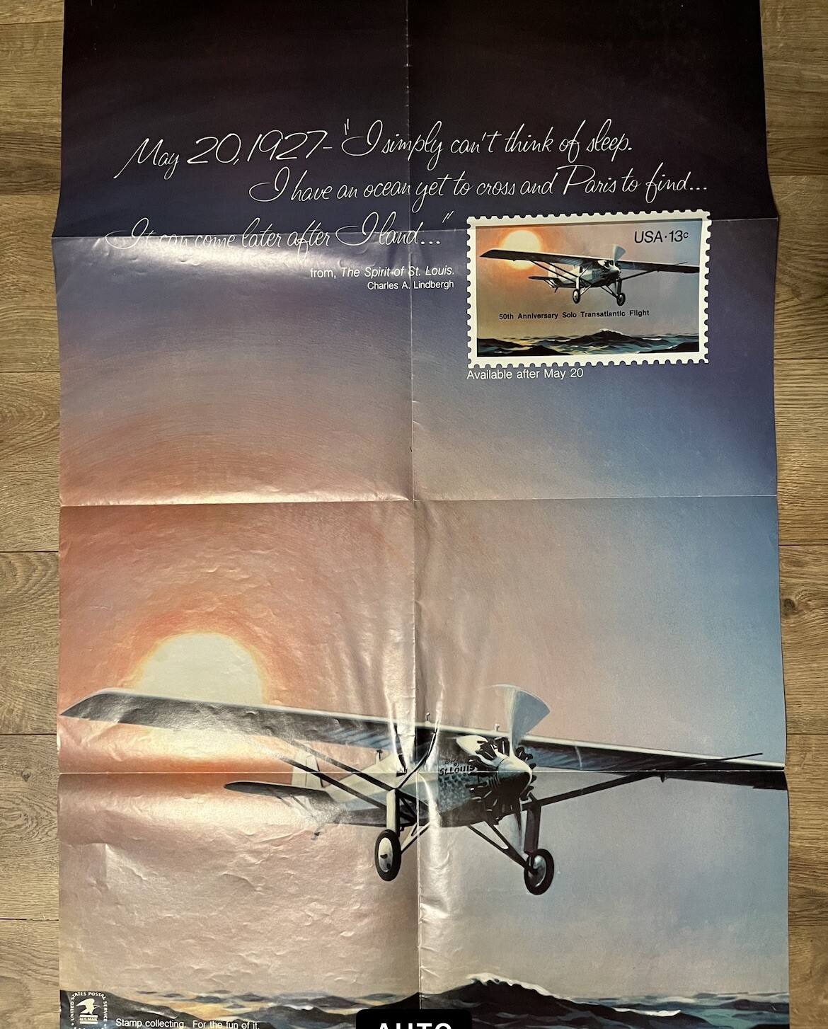 1977 USPS Poster 50th Anniv Stamp C. Lindbergh - 1st SOLO trans ...