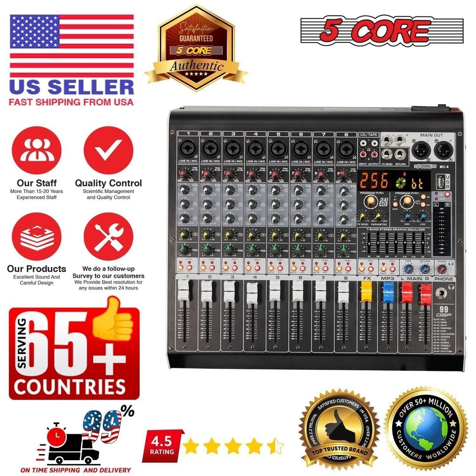 5Core Audio Mixer 8 Channel DJ Soundboard USB Interface Bluetooth XLR ...