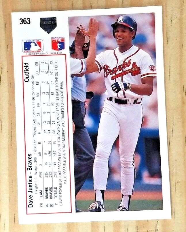 1991 UPPER DECK DAVID JUSTICE CARD#363 NM-MT ATLANTA BRAVES INDIANS ...