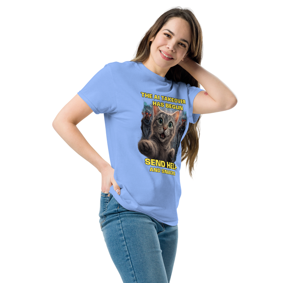 Funny Cat AI Takeover T-Shirt Send Help And Snacks Meme Graphic Tee ...