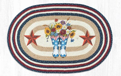 Patriotic Cowboy Boots Barn Star Braided Jute Rug Oval 20" x 30" Earth ...